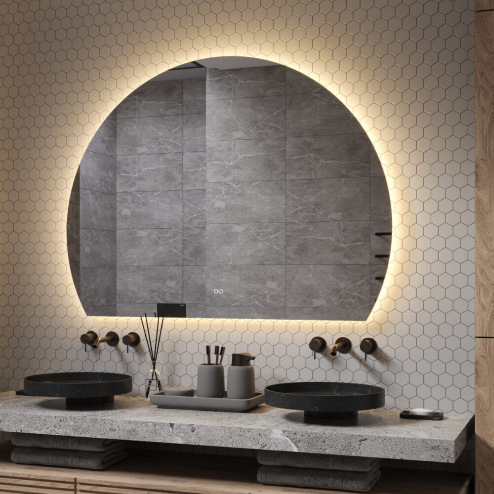 Organische half ronde badkamerspiegel met LED verlichting, verwarming ...
